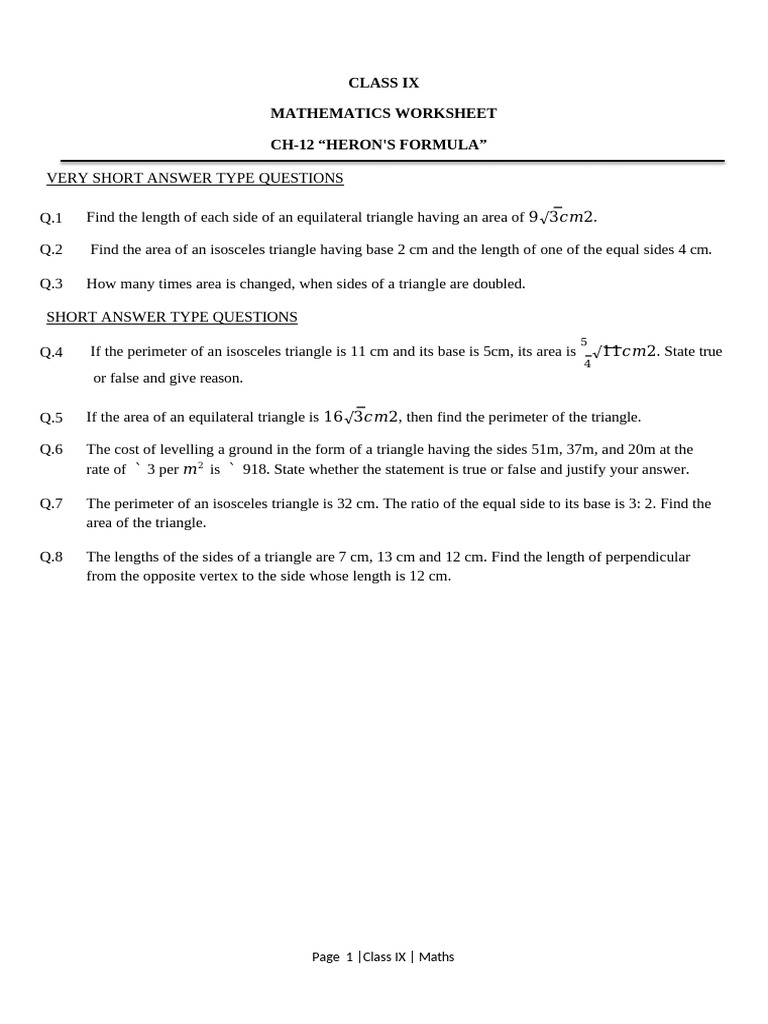 Class 9 Heron's Formula Worksheet | PDF