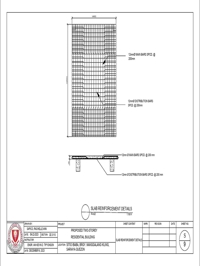 12mmø Main Bars Spcd. at 200mm: Slab Reinforcement Details | PDF