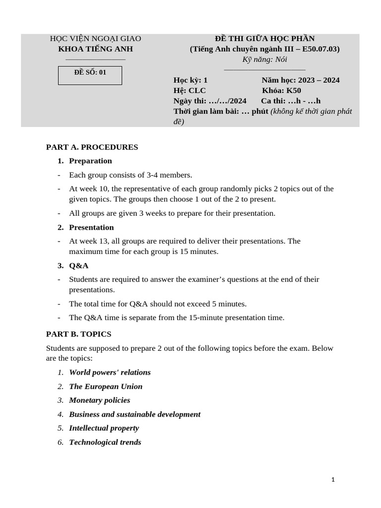 Đề GK Nói TACN 3 - K50 | PDF | Fluency | Human Communication