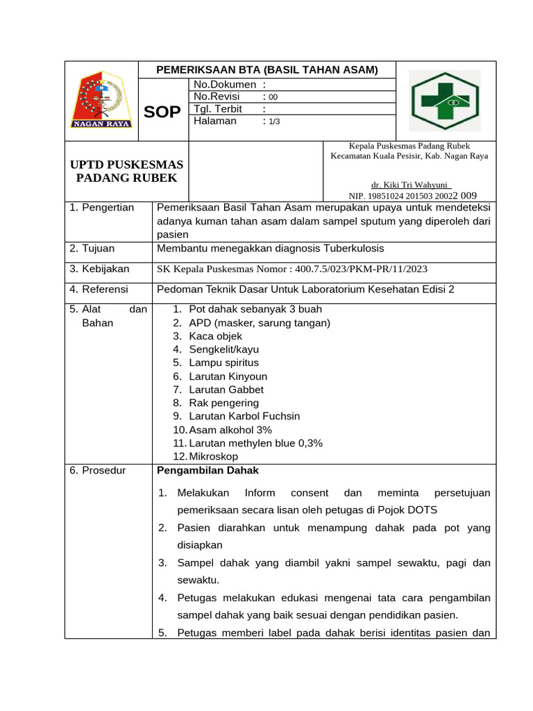 SOP PEMERIKSAAN BTA (1) | PDF