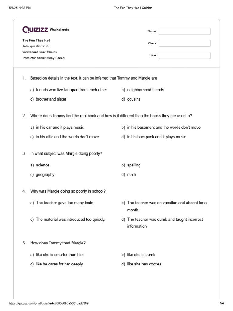 The Fun They Had - Quizizz | PDF