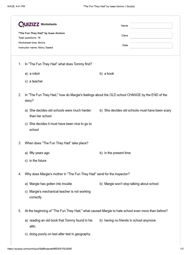"The Fun They Had" Worksheet and Quiz | PDF | Books