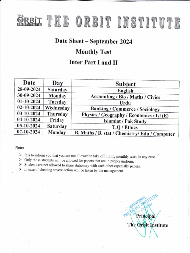 Date Sheet For Monthly Test-Sep-24 | PDF