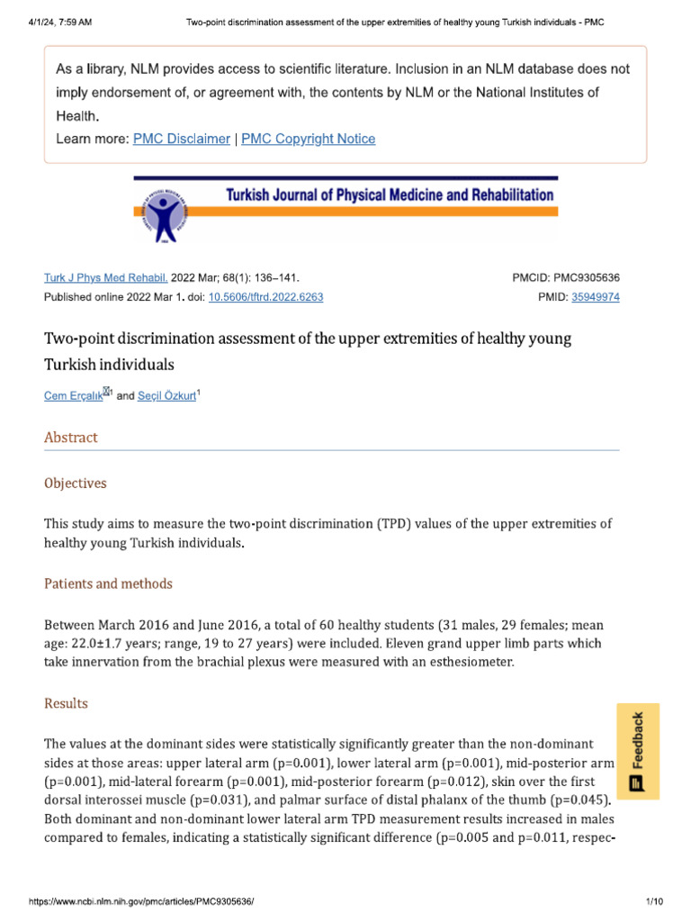 Won, S.Y., Kim, H.-K., Kim, M.-E., & Kim, K.-S. (2017) - Two-Point Discrimination Values Vary ...