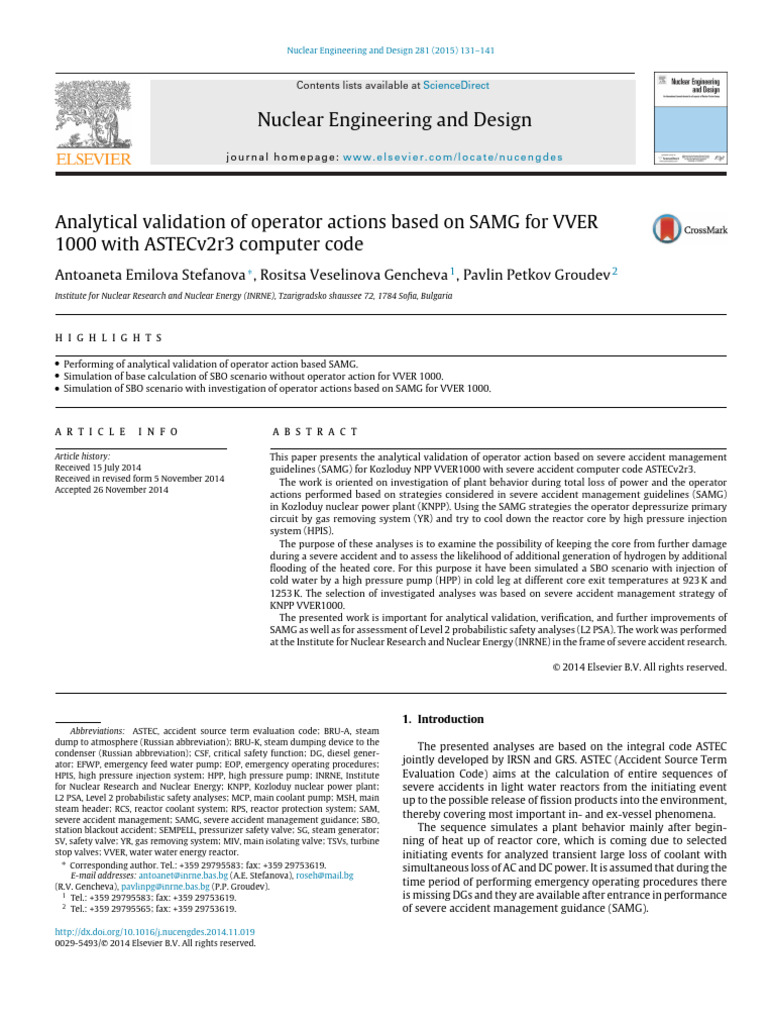 Analytical Validation of Operator Actions Based On SAMG For VVER | PDF | Nuclear Reactor ...