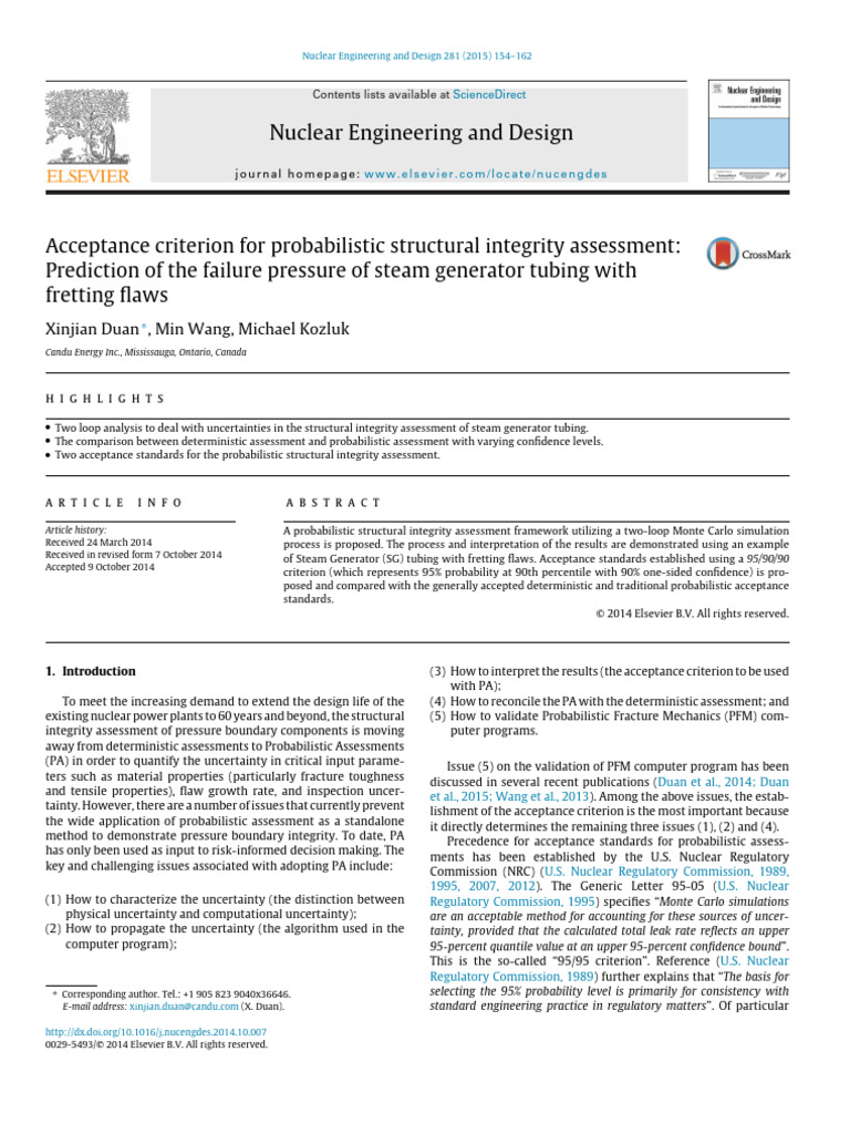 Acceptance criterion for probabilistic structural integrity assessment prediction of failure ...
