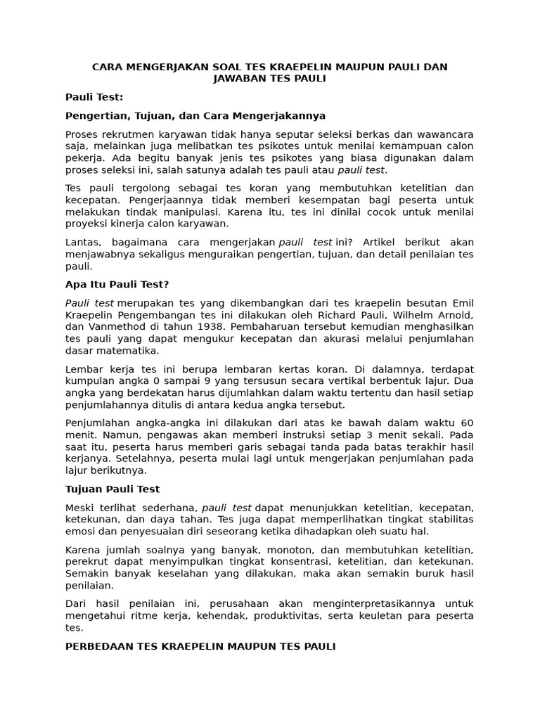 Panduan Mengerjakan Tes Kraepelin dan Pauli | PDF