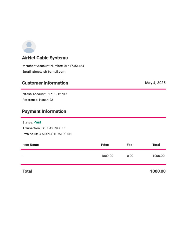 AirNet Cable Systems Payment Receipt | PDF