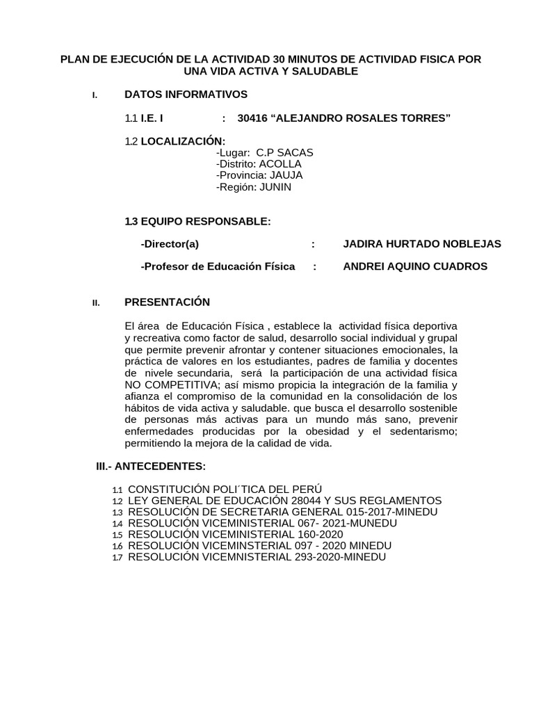 PLAN DE EJECUCIÓN DE LA ACTIVIDAD 30 MINUTOS DE ACTIVIDAD FISICA POR ...