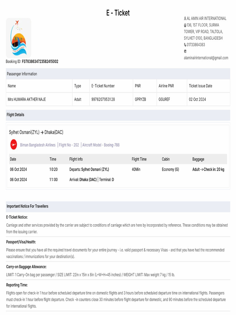 E-Ticket - Al Amin Air International | PDF