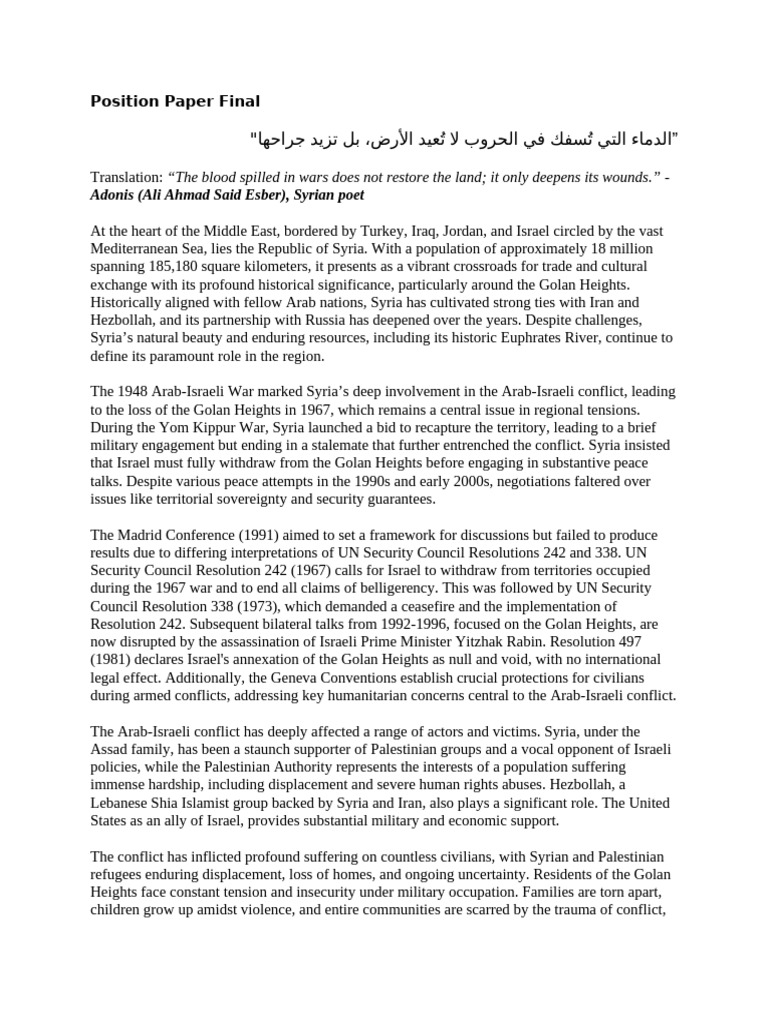 Position Paper Draft 1 | PDF | Golan Heights | Yitzhak Rabin