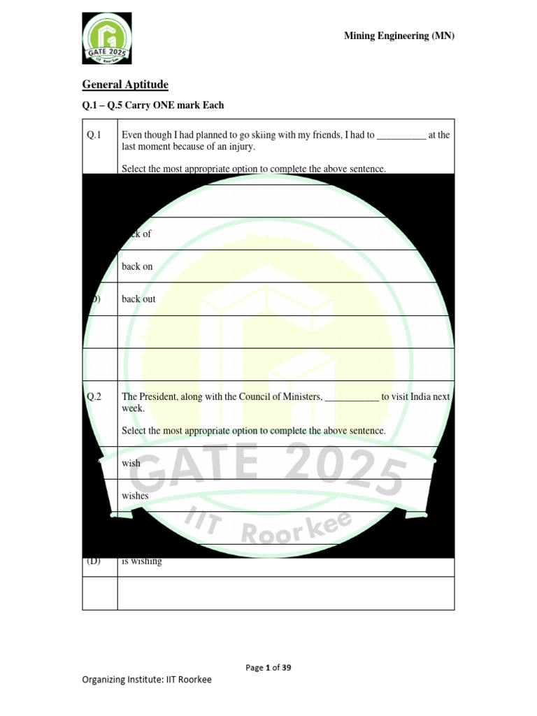 GATE Mining Engineering 2025 | PDF | Ore | Materials