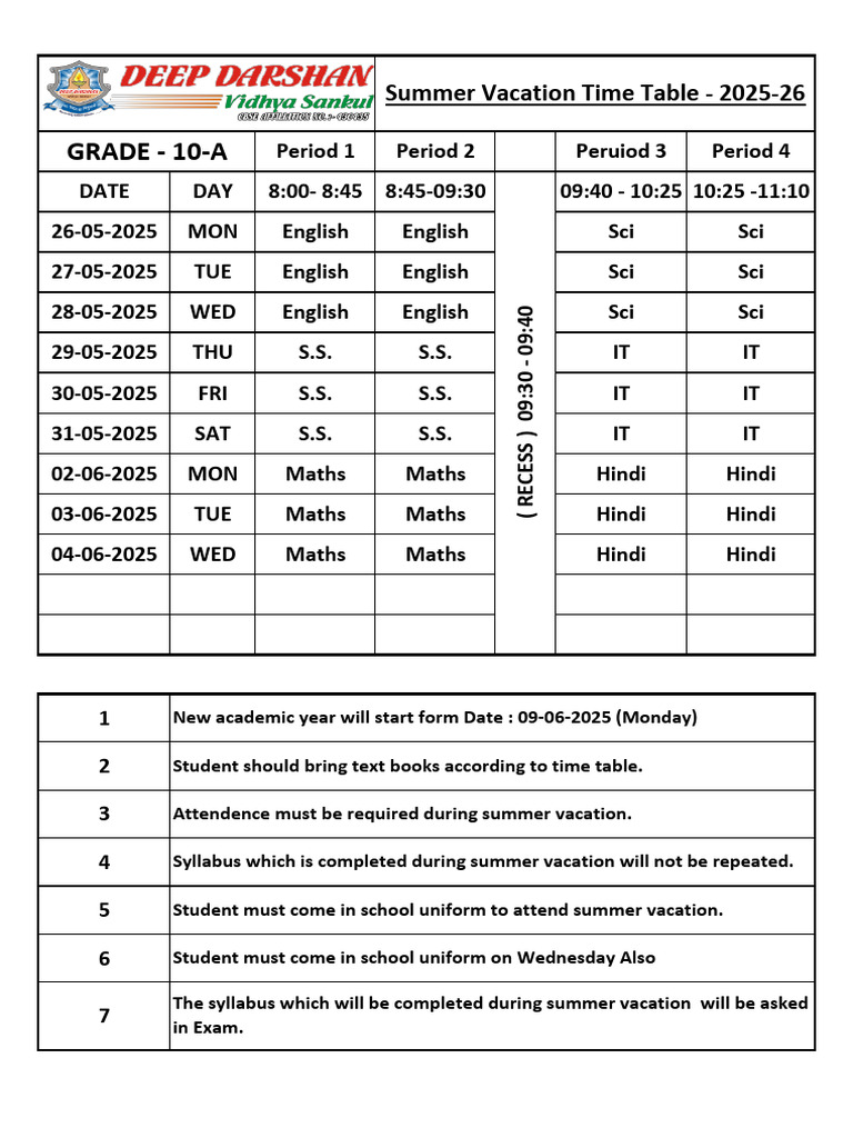 X - A Summer Vacation Timetable | PDF | Student Assessment And Evaluation | Schools