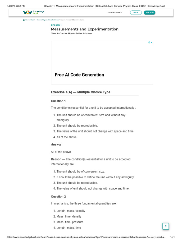 Chapter 1 - Measurements and Experimentation - Selina Solutions Concise ...