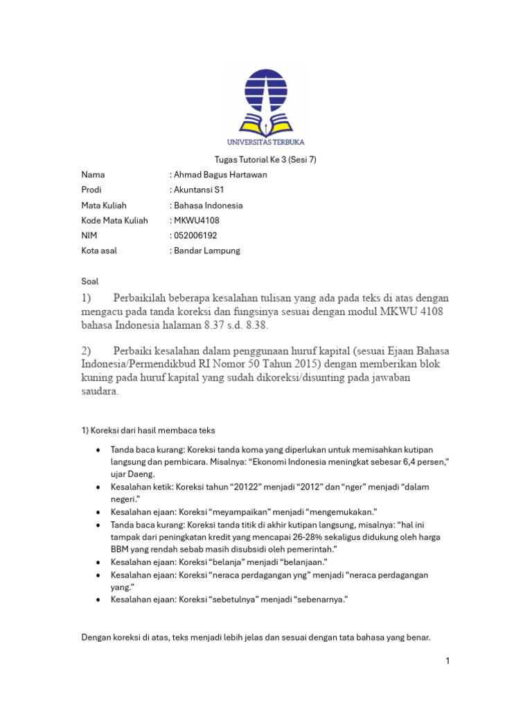 Tugas 3 Bahasa Indonesia (Ahmad Bagus Hartawan) 052006192 | PDF