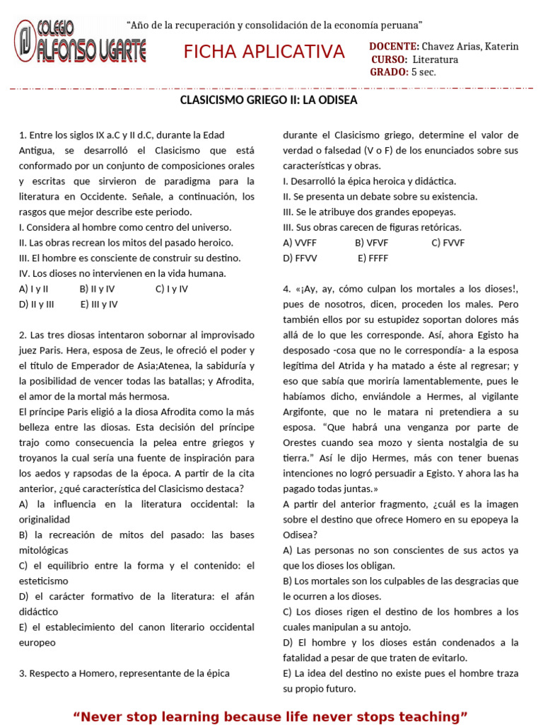 Ficha Aplicativa: Clasicismo Griego Ii: La Odisea | PDF | Mitología griega | Poesía épica