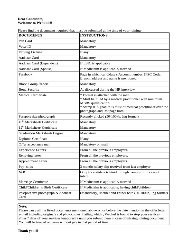 Permanent - Required Joining Documents | PDF | Government And Personhood