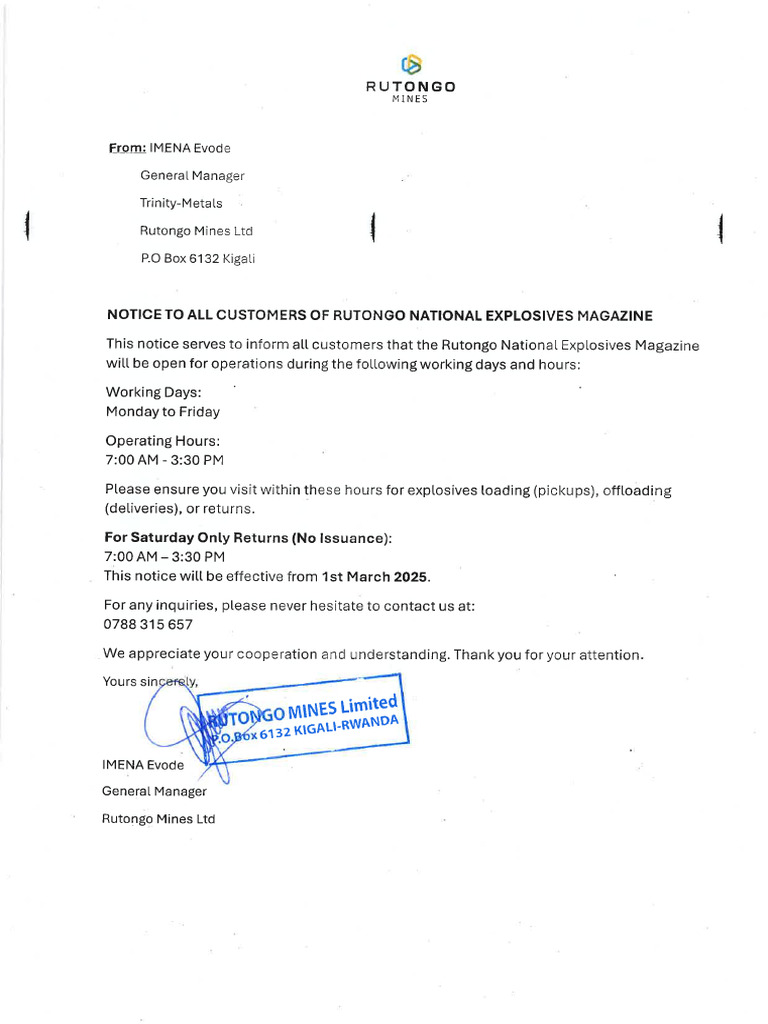 Rutongo National Explosives Magazine Notice | PDF
