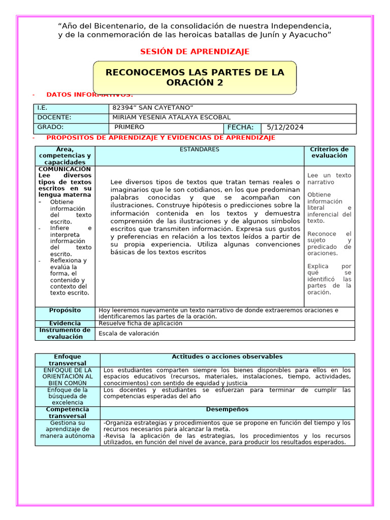 Reconocemos - Las - Partes - de - La - Oracion 2 | PDF | Aprendizaje ...