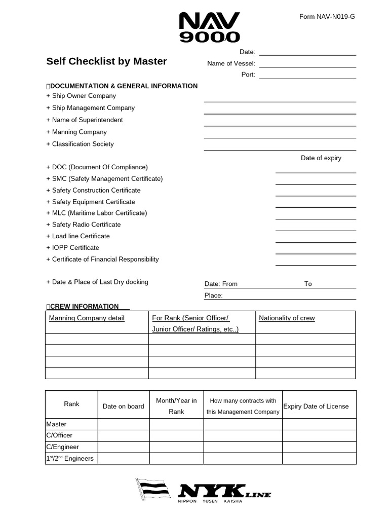 NAV9000 Self Checklist by Master (Form NAV-N019-G) | PDF | Watercraft ...