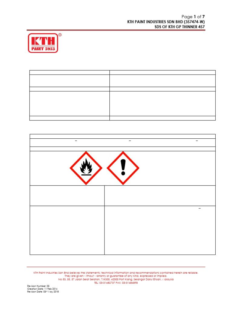 Sds KTH 457 Thinner English Ver.3 | PDF | Toxicity | Occupational ...