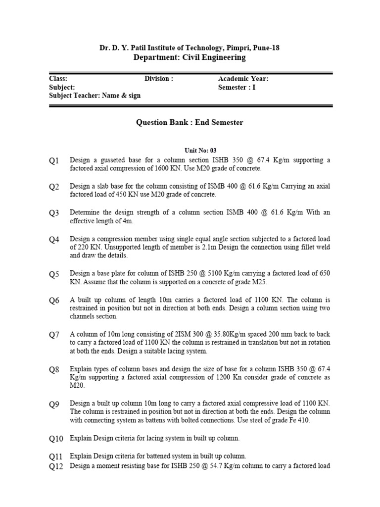 Question Bank Endsem | PDF | Beam (Structure) | Truss