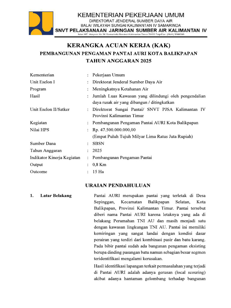 KAK Pembangunan Pengamanan Pantai AURI | PDF