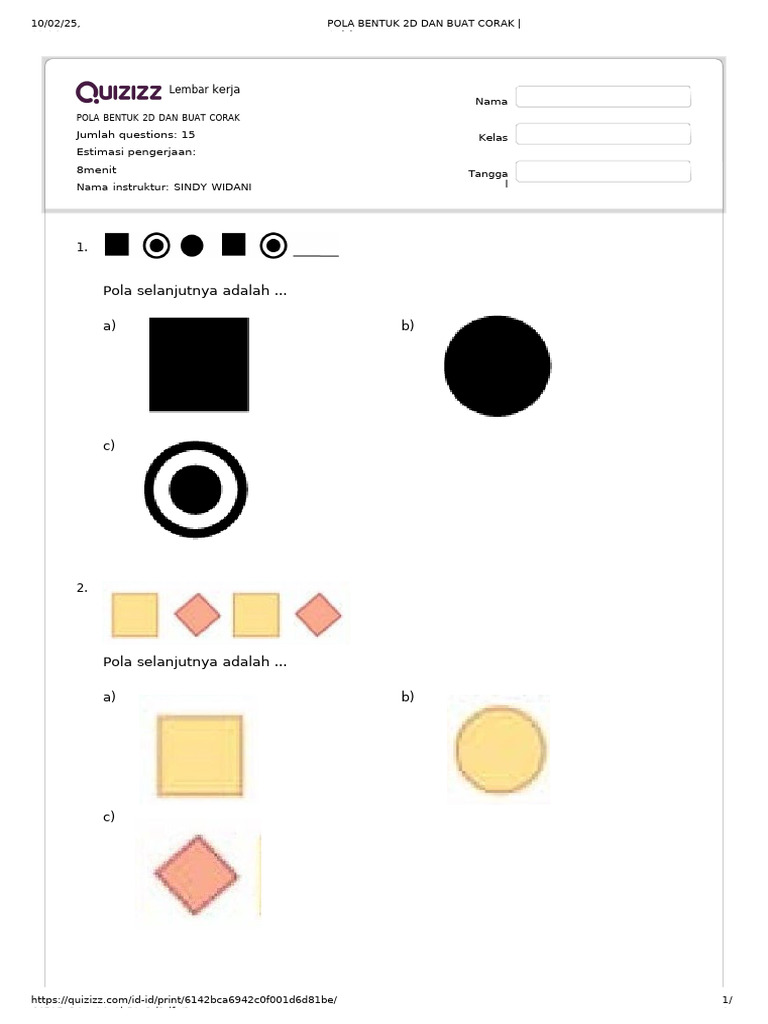 Quizizz - Pola Bentuk 2d Dan Buat Corak | PDF