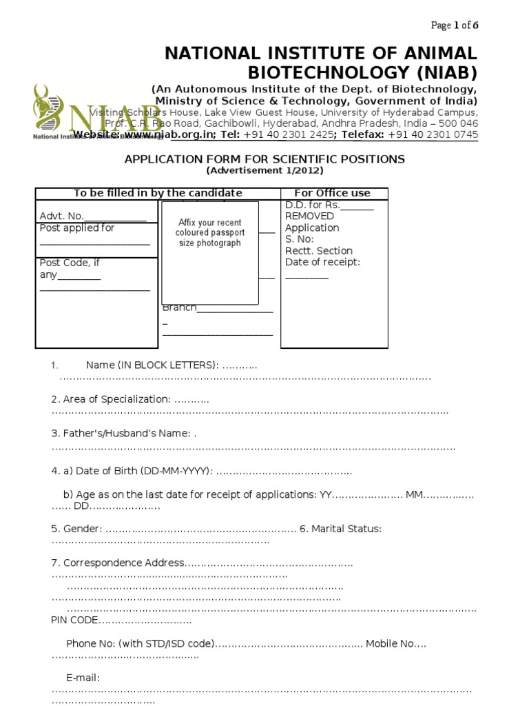 National Institute of Animal Biotechnology (Niab) : Application Form ...