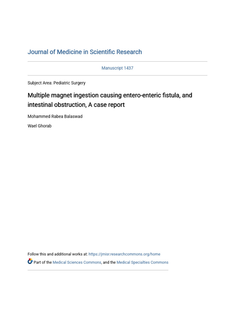Multiple Magnet Ingestion Causing Entero-Enteric Fistula and Int | PDF ...