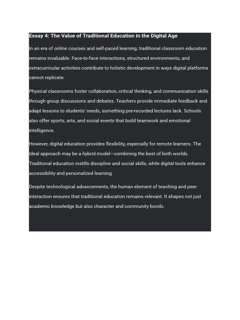 Essay 4 - The Value of Traditional Education in The Digital Age | PDF