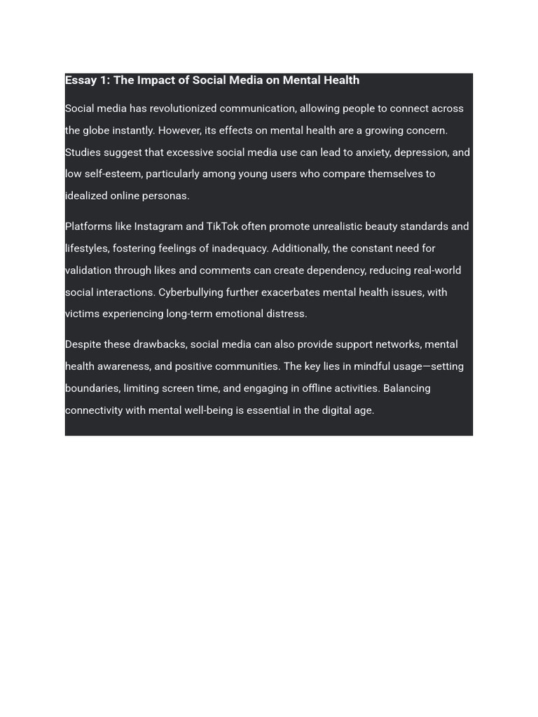 Essay 1 - The Impact of Social Media On Mental Health | PDF