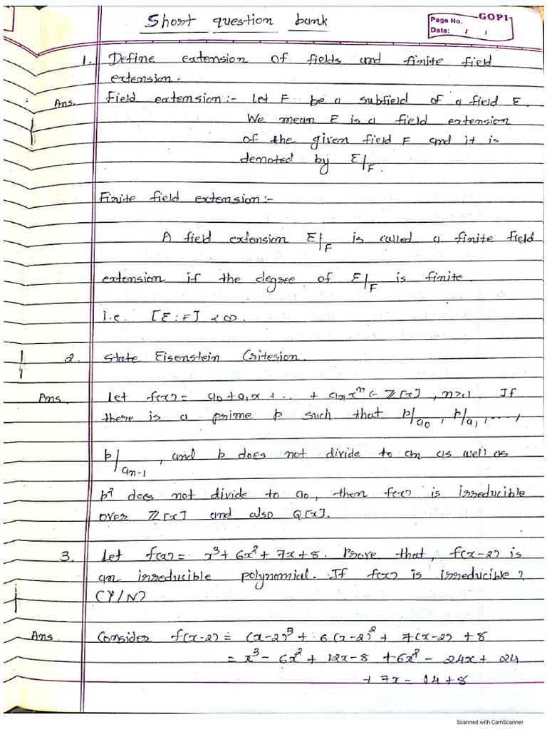 Algebra 2 Short Question Bank | PDF