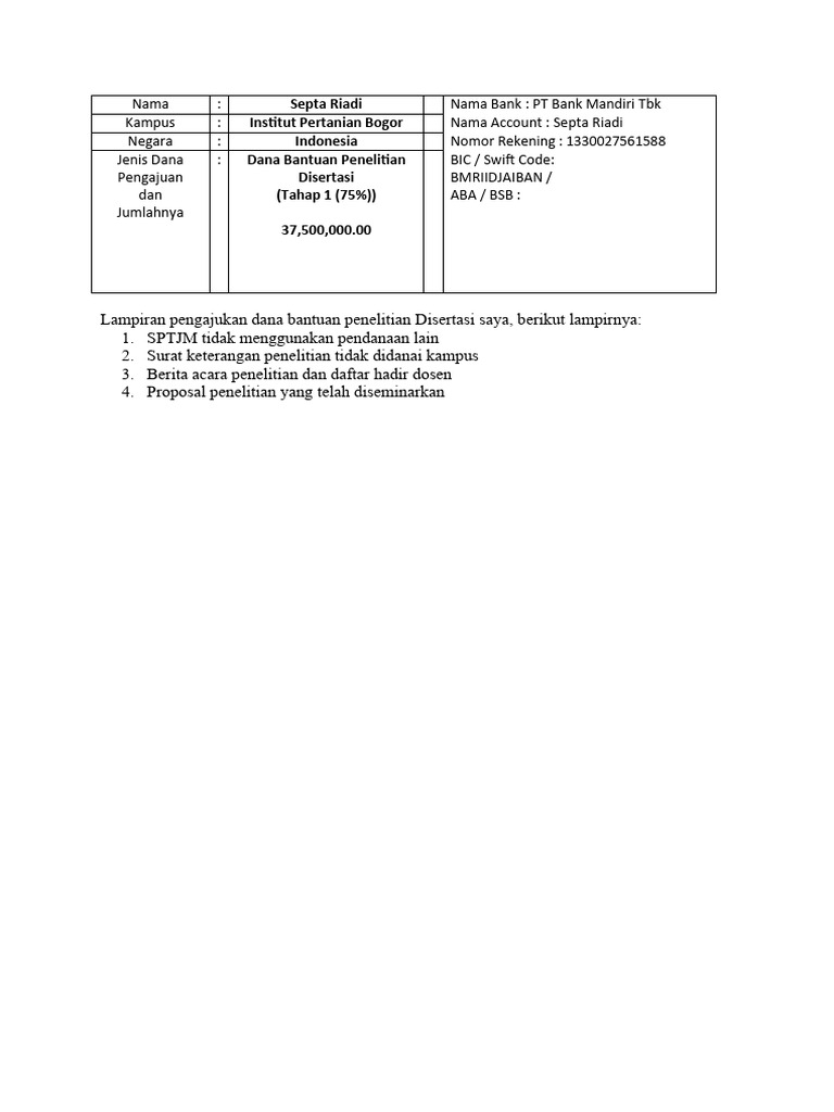 Pengajuan Dana Penelitian Septa 1 | PDF