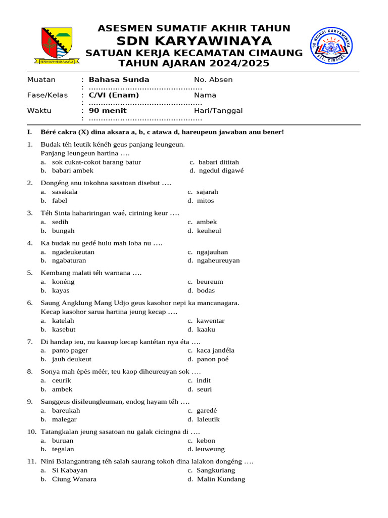 Soal Asat Bahasa Sunda Kelas 6 2024-2025 | PDF