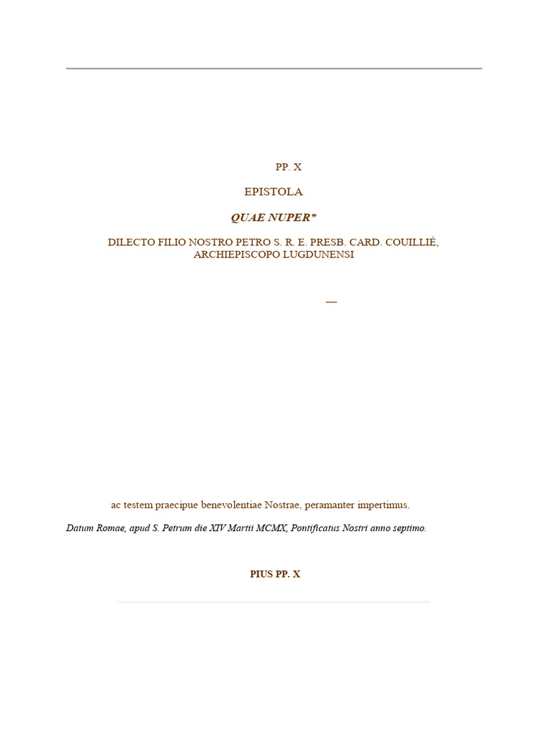 Pius X - Quae Nuper | PDF