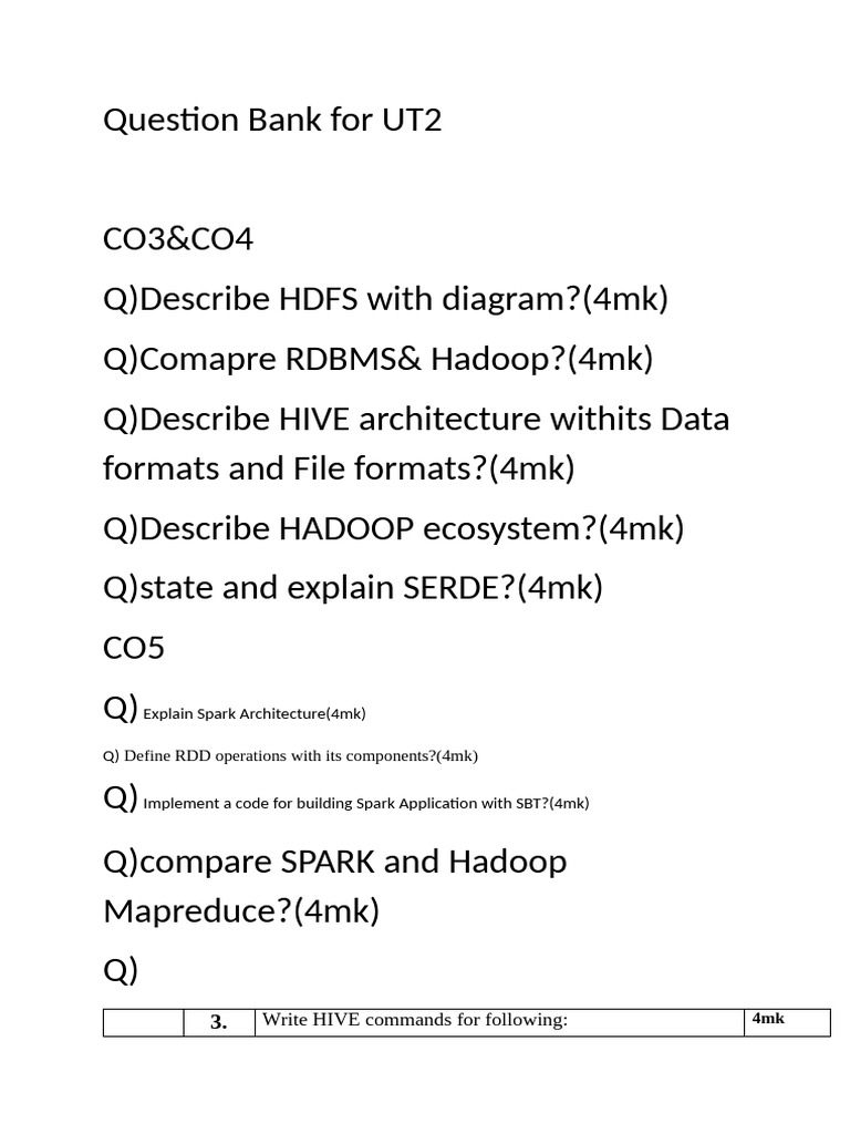 Question Bank For UT2 - BIGData | PDF