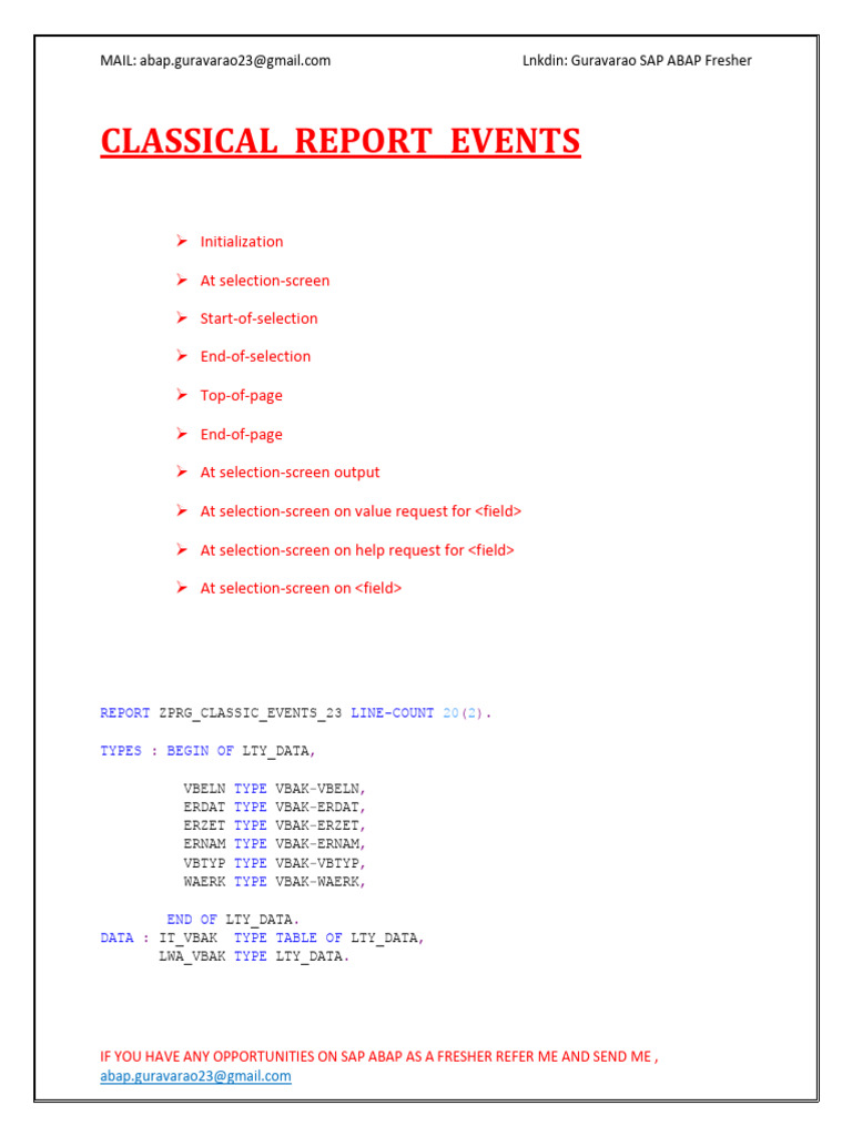 SAP ABAP Classical Report Events Guide | PDF | Computer Engineering ...