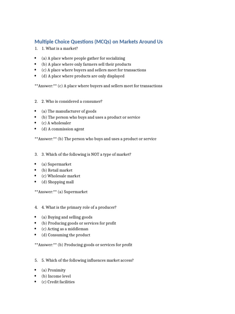 MCQs on Markets for Class 7 | PDF