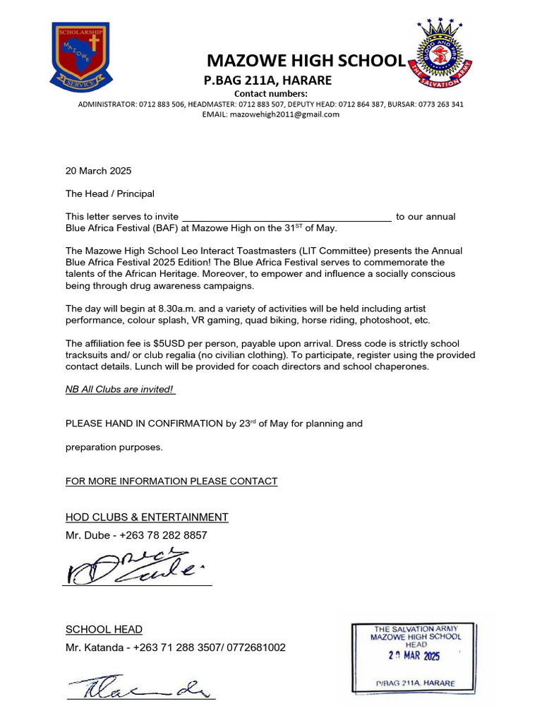 Mazowe High School Blue Africa invitation letter | PDF