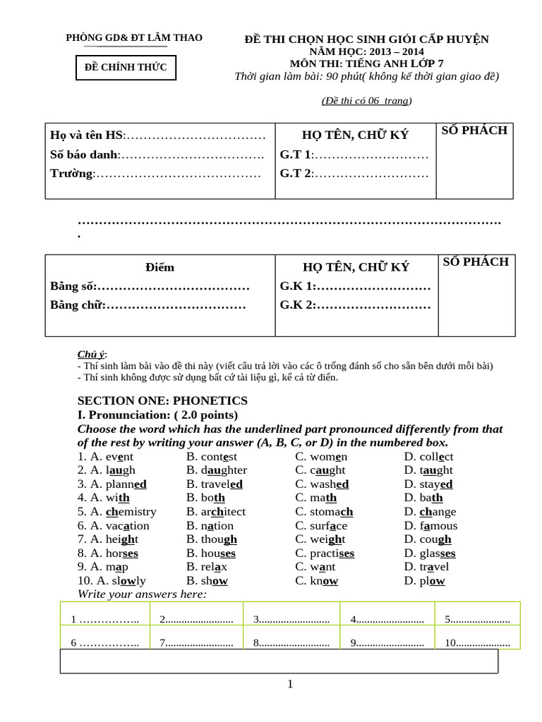 HSG Anh 7 Lam Thao Phu Tho | PDF | Mark Twain