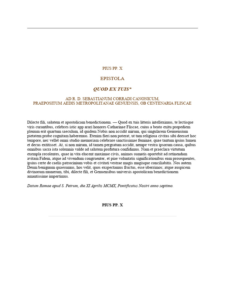 Pius X - Quod Ex Tuis | PDF