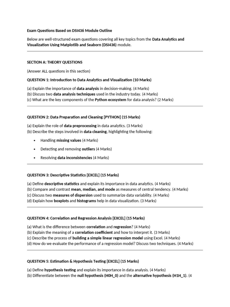 Exam Questions Based On DSI436 Module Outline | PDF | Data Analysis | Regression Analysis
