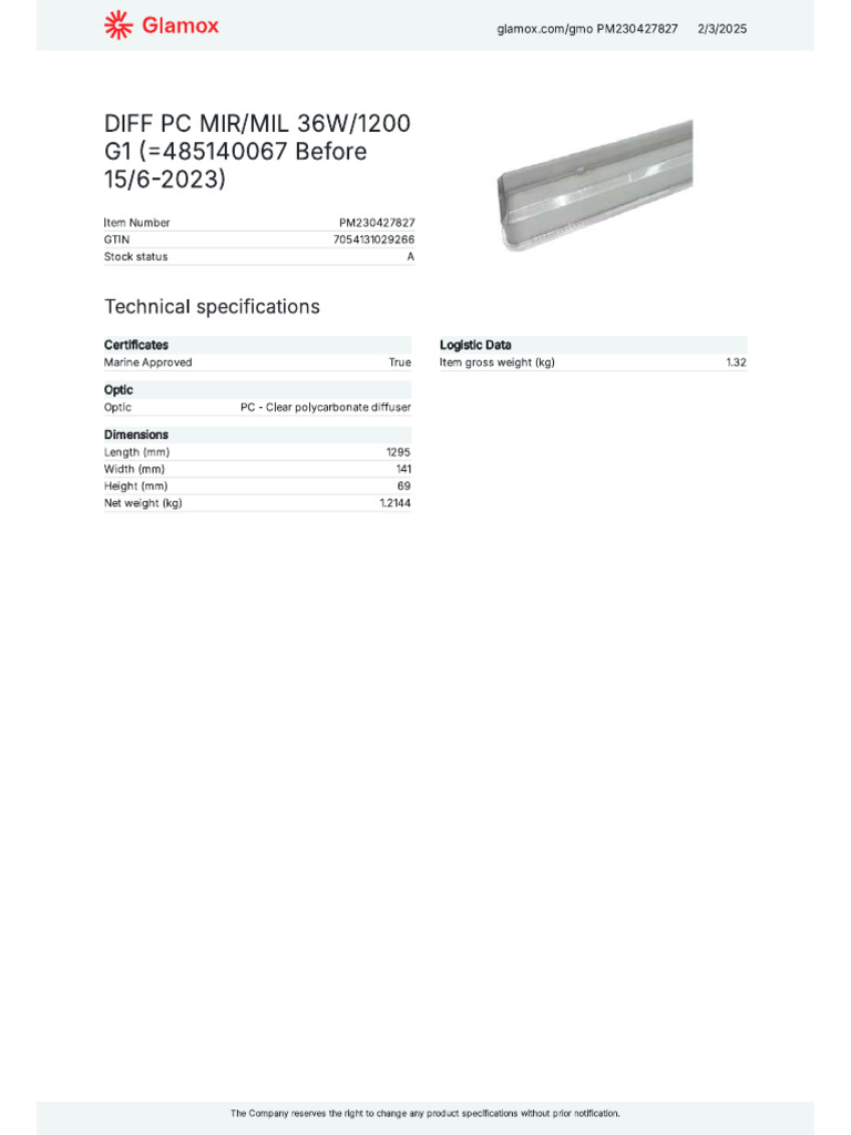 36W-1200 GLAMOX DIFFUSER | PDF