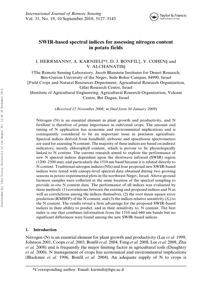 SWIR Based Spectral Indices For Assessin | PDF | Infrared | Chlorophyll