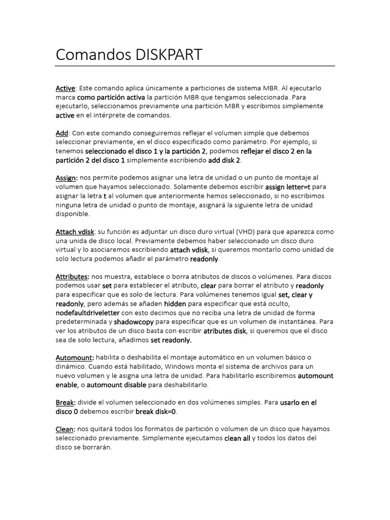 Comandos DISKPART | PDF | Arranque | Tecnología de sistema operativo