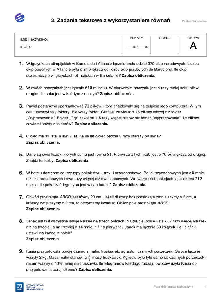 Zadania Tekstowe Z Wykorzystaniem Rownan Dla Ucznia | PDF