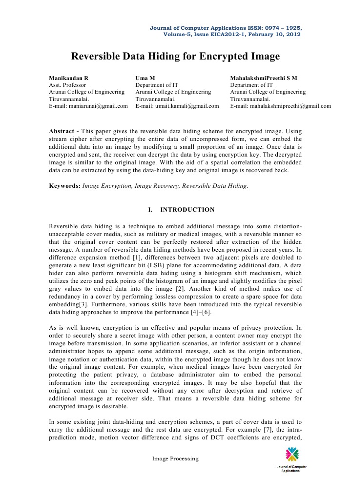 Reversible Data Hiding For Encrypted Image | PDF | Encryption | Cryptography