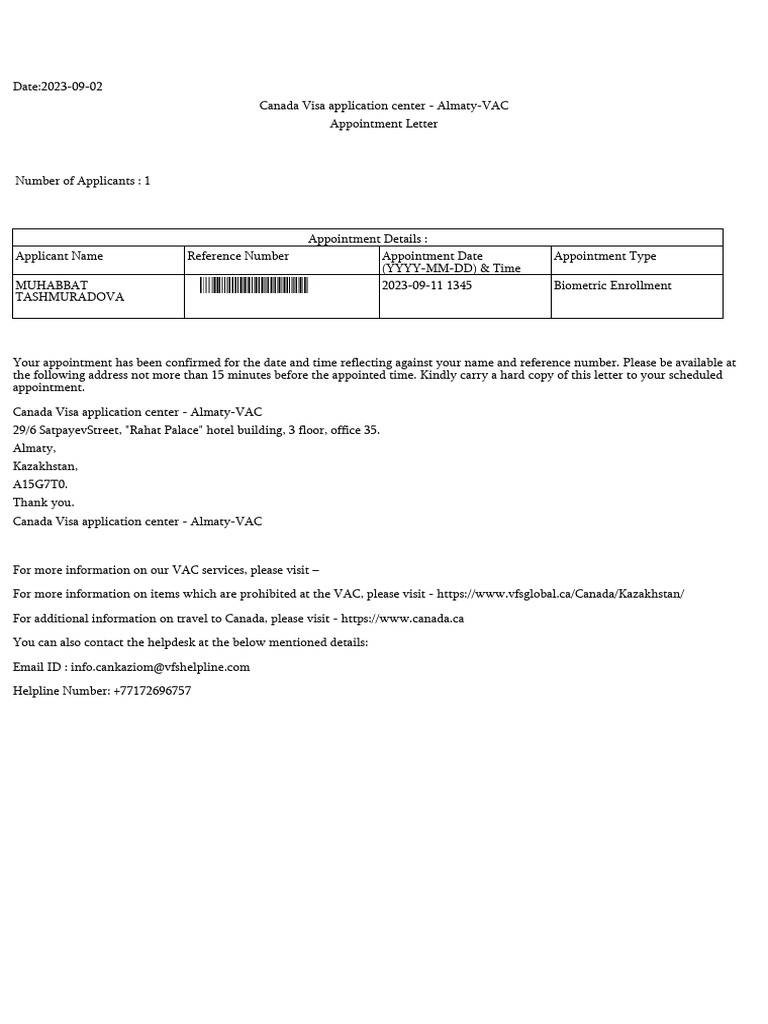 Canada Visa Appointment Confirmation | PDF