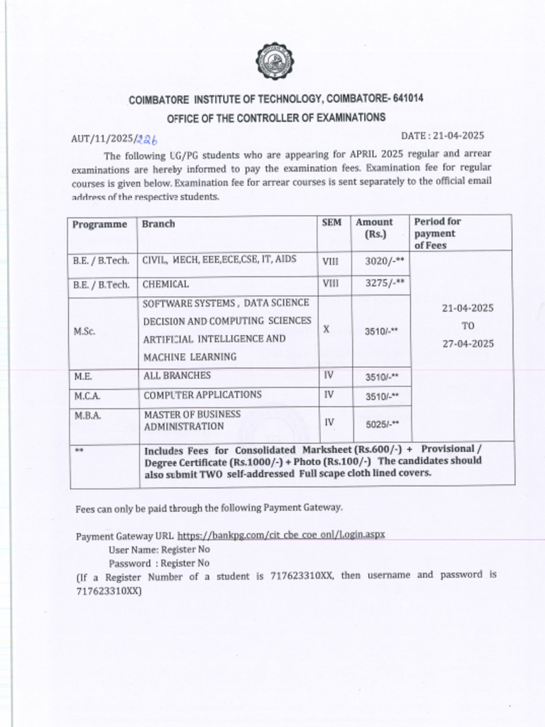 Fees Circular | PDF